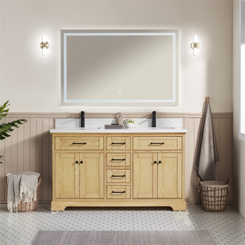 Avila 60 inch wood veneer double sink vanity with marble and ceramic ...