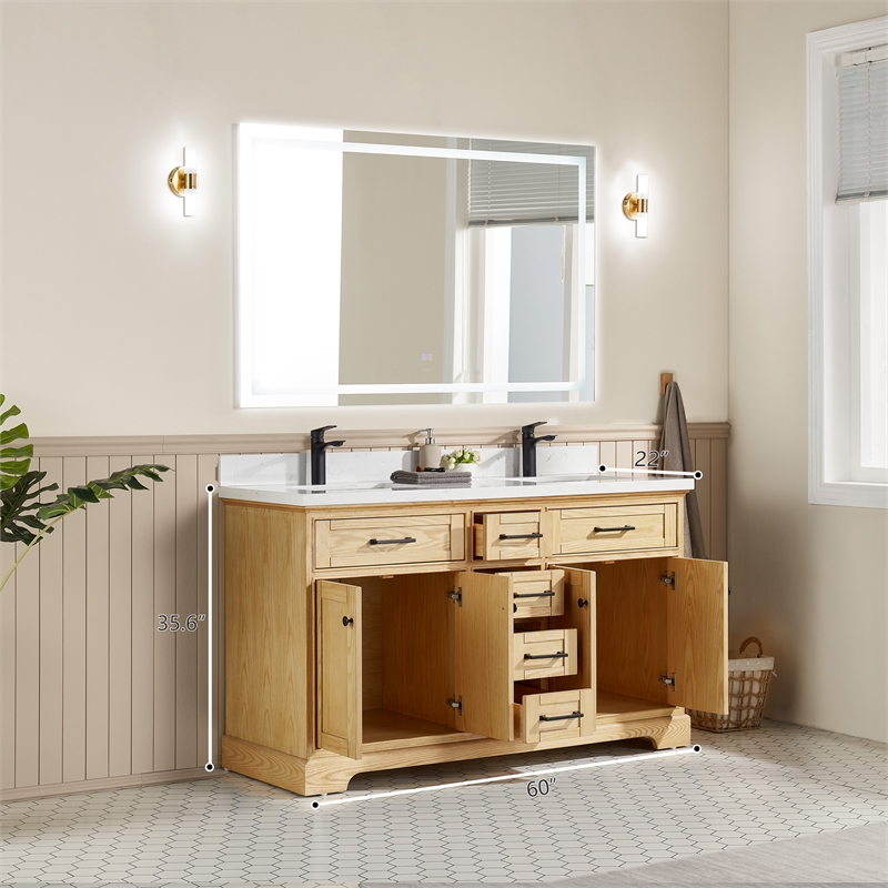 Avila 60 inch wood veneer double sink vanity with marble and ceramic ...