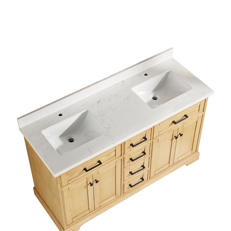 Avila 60 inch wood veneer double sink vanity with marble and ceramic ...