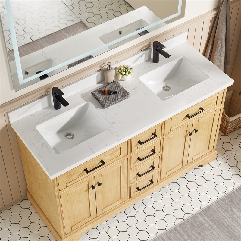 Avila 60 inch wood veneer double sink vanity with marble and ceramic ...