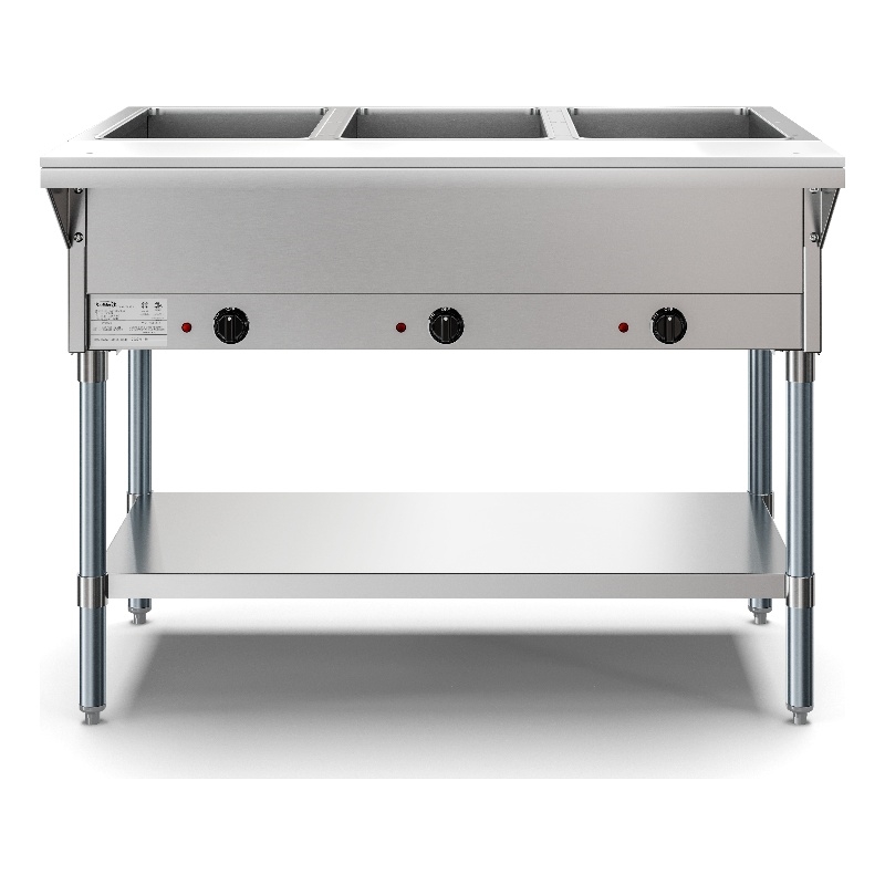 Three Pan Open Well Electric Steam Table with Undershelf. | Cymax Business