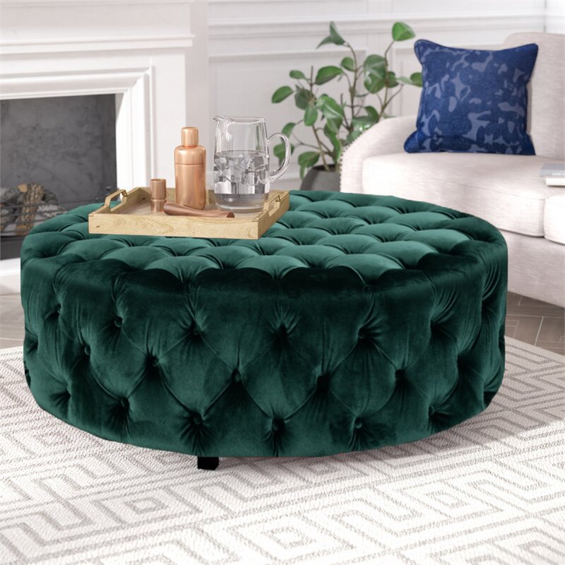 Eden Home Traditional 16 Small Round Velvet Ottoman in Green Finish