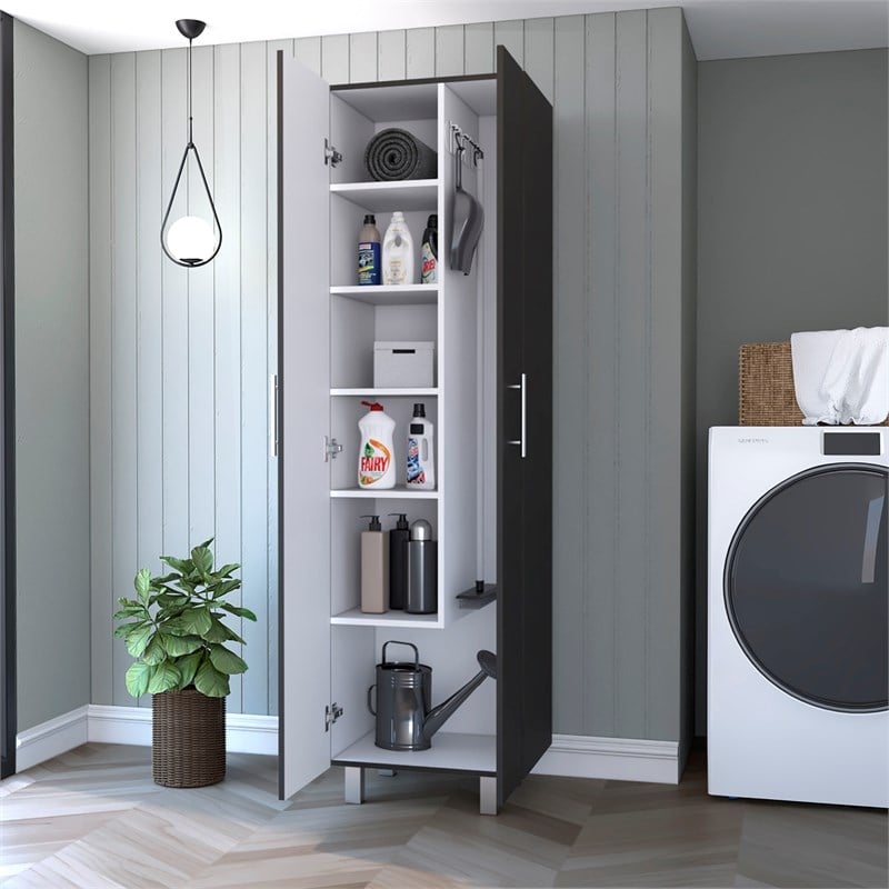 FM FURNITURE Norway Broom Closet Pantry Black Wengue White Engineered Wood Cymax Business