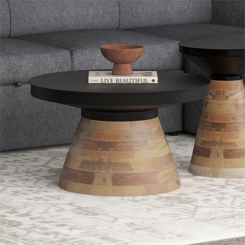 Inspire Modern Metal Solid Wood Round Coffee Table Black Walnut | Cymax ...