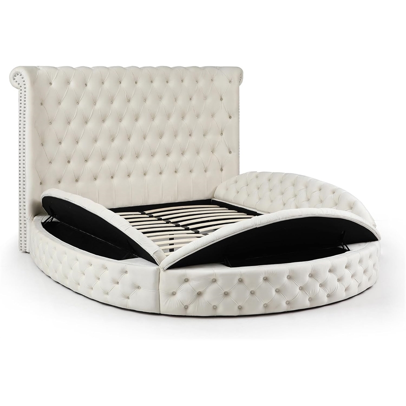 Upholstered King Round Storage Bed in Cream Color | Homesquare