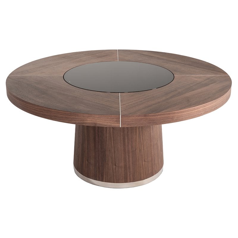 Modrest Houston Round Modern Glass & Wood Veneer Dining Table in Walnut ...