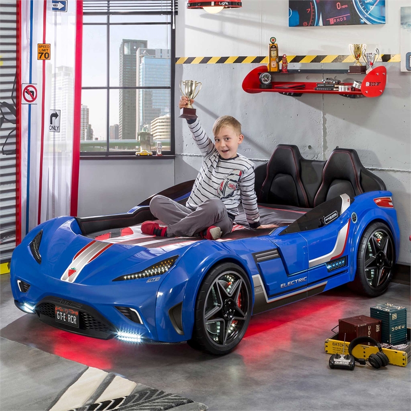 Cilek Kids Room GTS Wood Twin Race Car Bed with Five-Spoke Wheels in Blue