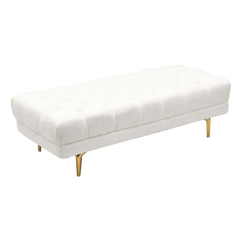 Leonora White Boucle Fabric Dining Bench with Gold Metal leg