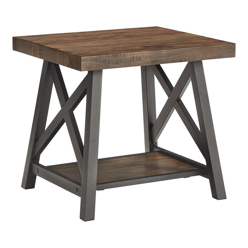 iNSPIRE Q X-Cross Base Modern Wood & Metal End Table with Shelf in Brown