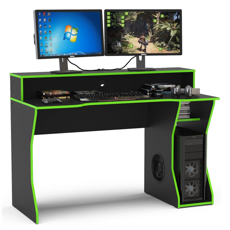 Boahaus Minato Modern Wood Gaming Desk with Shelves in Black/Green ...