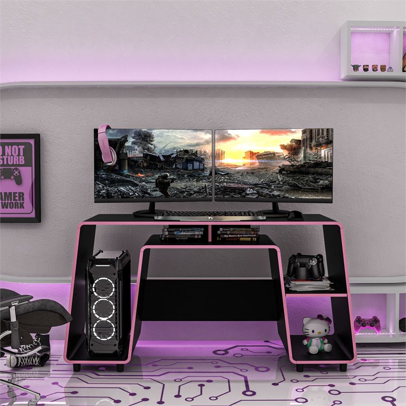 Boahaus Nagoya Modern Wood Gaming Desk with Shelves in Black/Purple