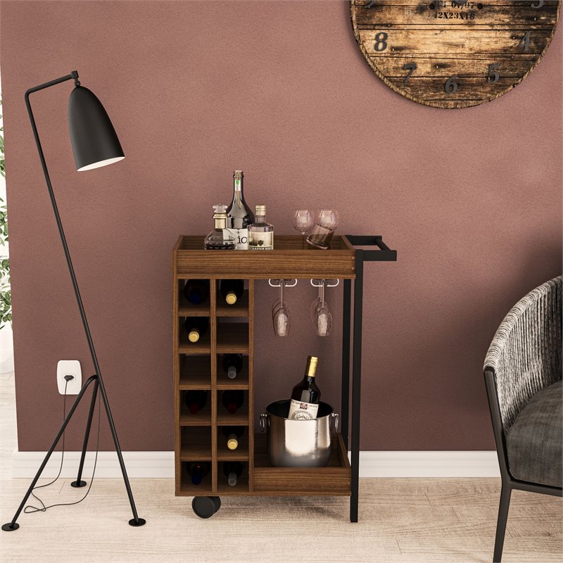 Boahaus Bristol Modern Wood Bar Cart with Rolling Casters in Dark Brown ...