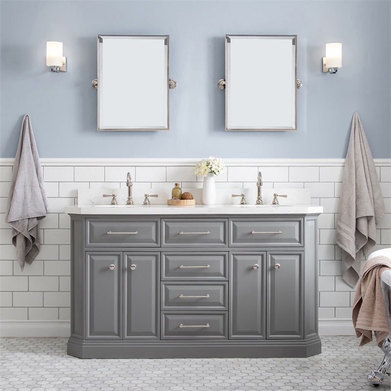 Water Creation Palace 60" Wood Double Bathroom Vanity in Gray & Nickel ...