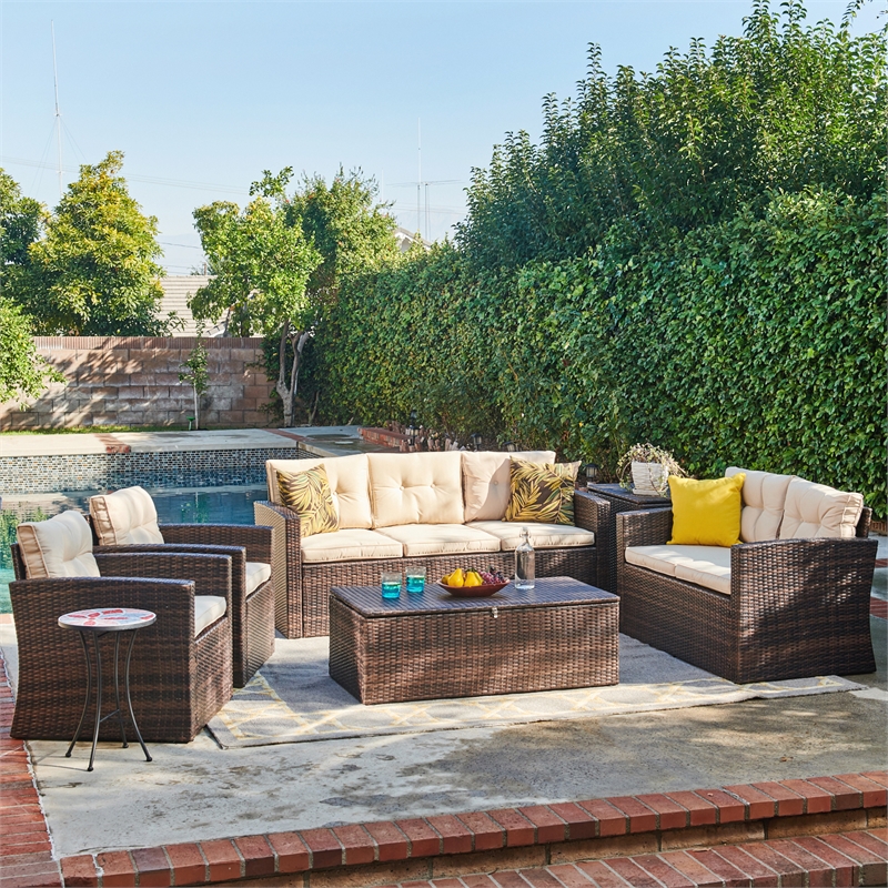Thy Hom Arlington Modern Brown Outdoor Wicker Furniture Set with Beige Cushion Cymax Business