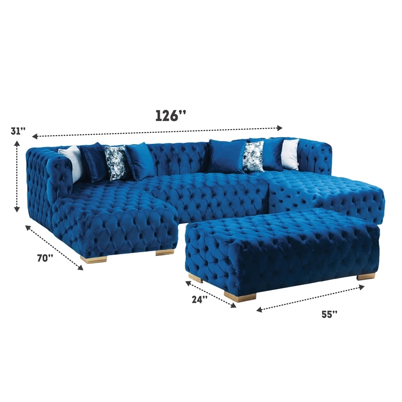 Beyan Signature Valencia 126" 3-Piece Velvet U-Shaped Sectional in Blue ...