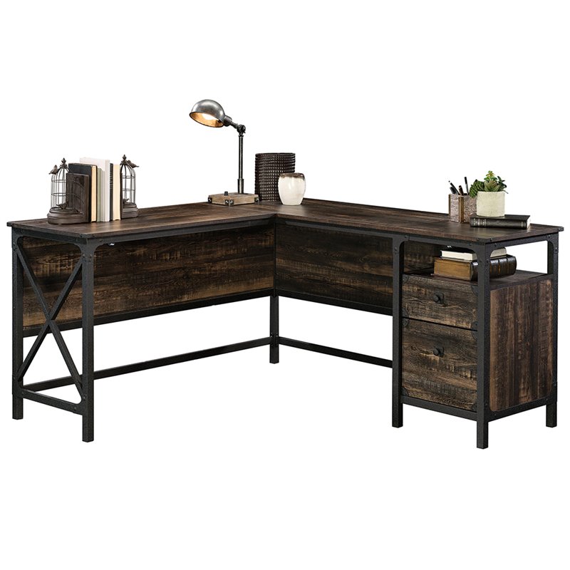 Sauder Steel River L Shaped Writing Desk in Carbon Oak and Black ...
