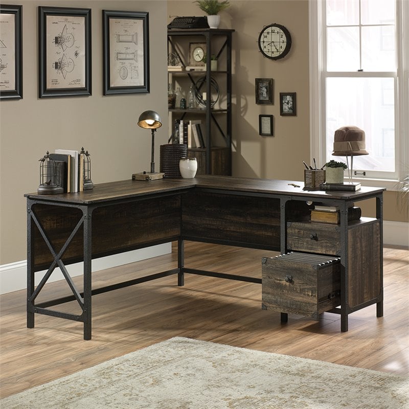 Sauder Steel River L Shaped Writing Desk in Carbon Oak and Black ...