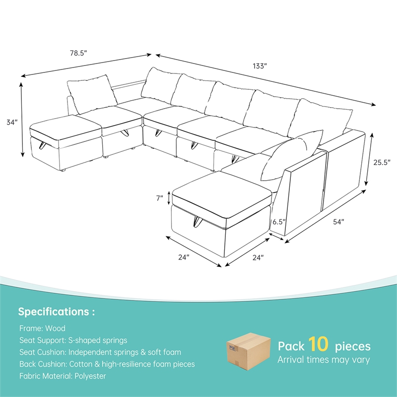 Modern L-Shaped Modular Sectional Sofa Sturdy Wooden Frame Comfortable ...
