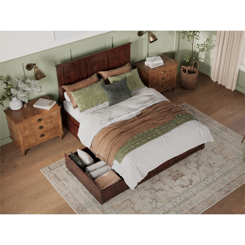 AFI Madison Queen Solid Wood Platform Bed with Storage Drawers in Walnut