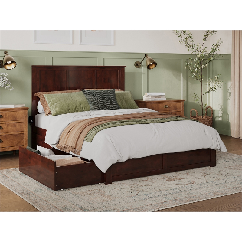 AFI Madison Queen Solid Wood Platform Bed with Storage Drawers in Walnut