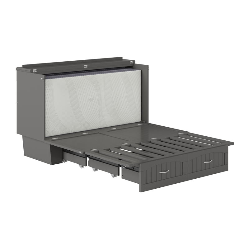 Nantucket Queen Wood Murphy Bed Chest with Mattress and Built in Charger in Gray BushFurnitureCollection