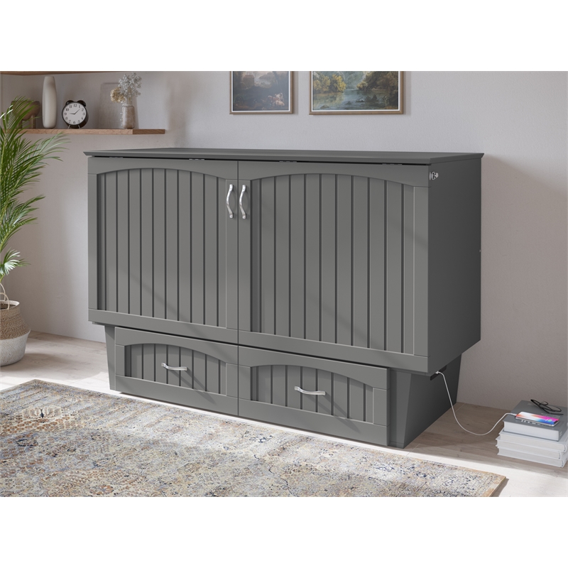 Nantucket Queen Wood Murphy Bed Chest with Mattress and Built in Charger in Gray