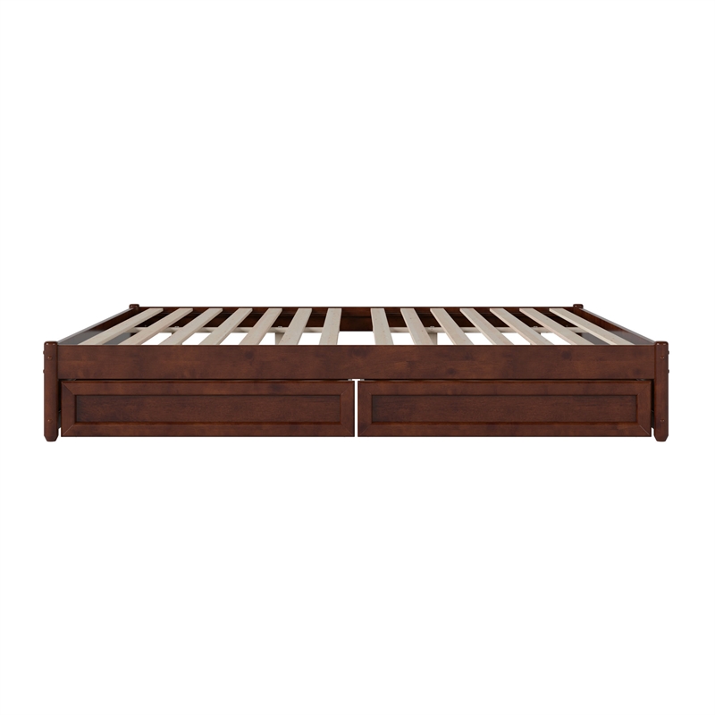 Barcelona King Solid Wood Panel Platform Bed with Storage Drawers in Walnut
